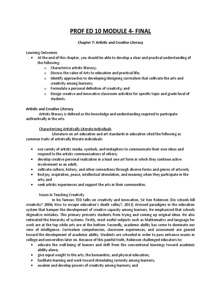 Prof Ed 10 Module 4-Final: Chapter 7: Artistic and Creative Literacy | PDF | Creativity | Learning
