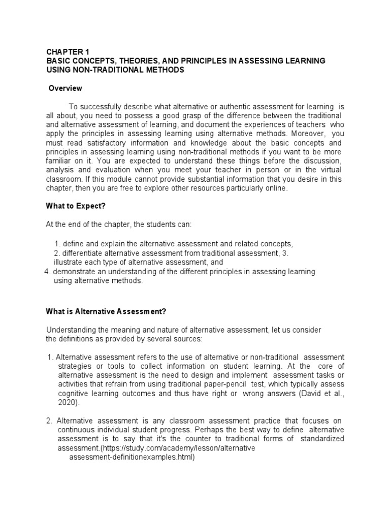 Basic Concepts, Theories, and Principles in Assessing Learning Using Non-Traditional Methods ...