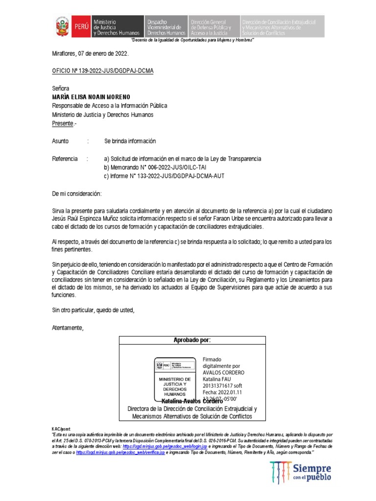 Oficio 139 2022 Jus Dgdpaj Dcma Respuesta | PDF | Gobierno | Etica Aplicada