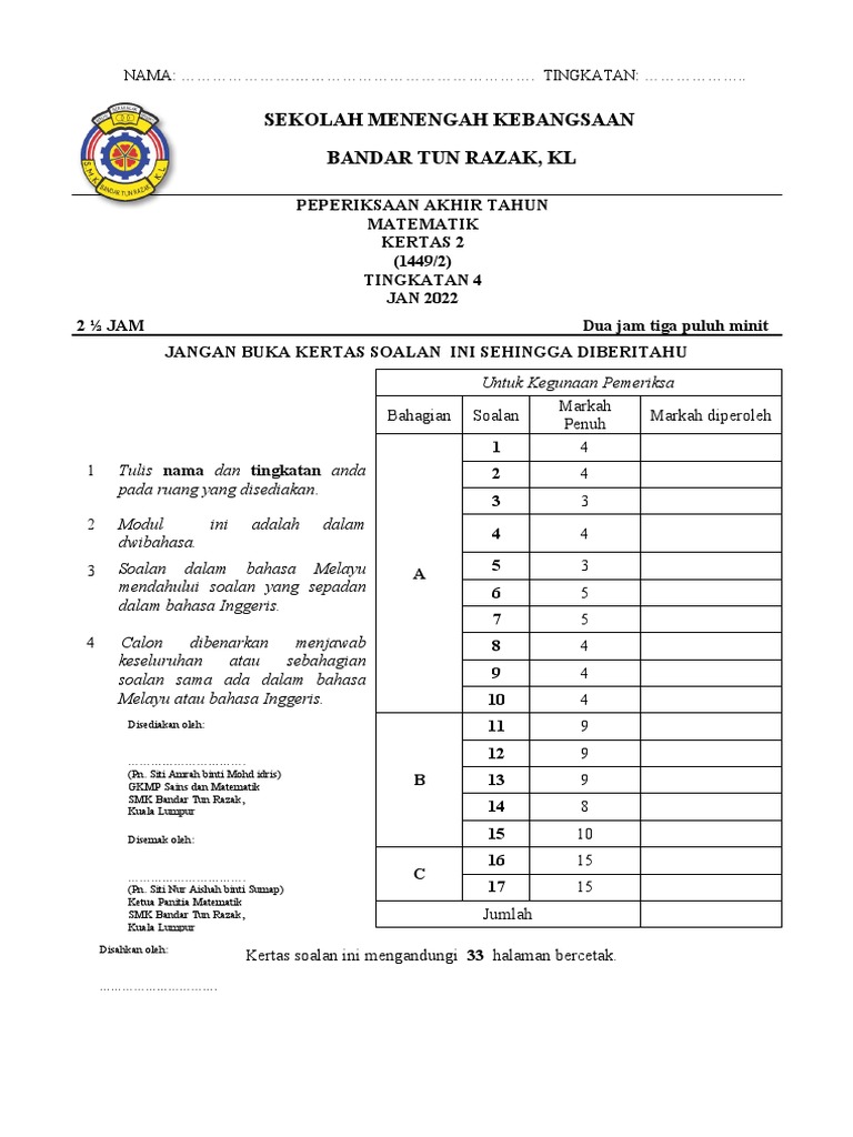 Soalan Matematik Tingkatan 4 2022 | PDF