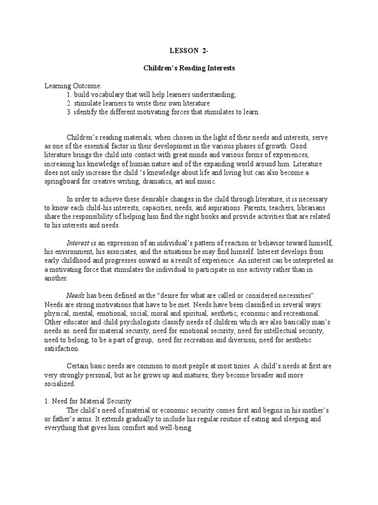 Lesson 2-Children's Reading Interests | PDF | Learning | Aesthetics