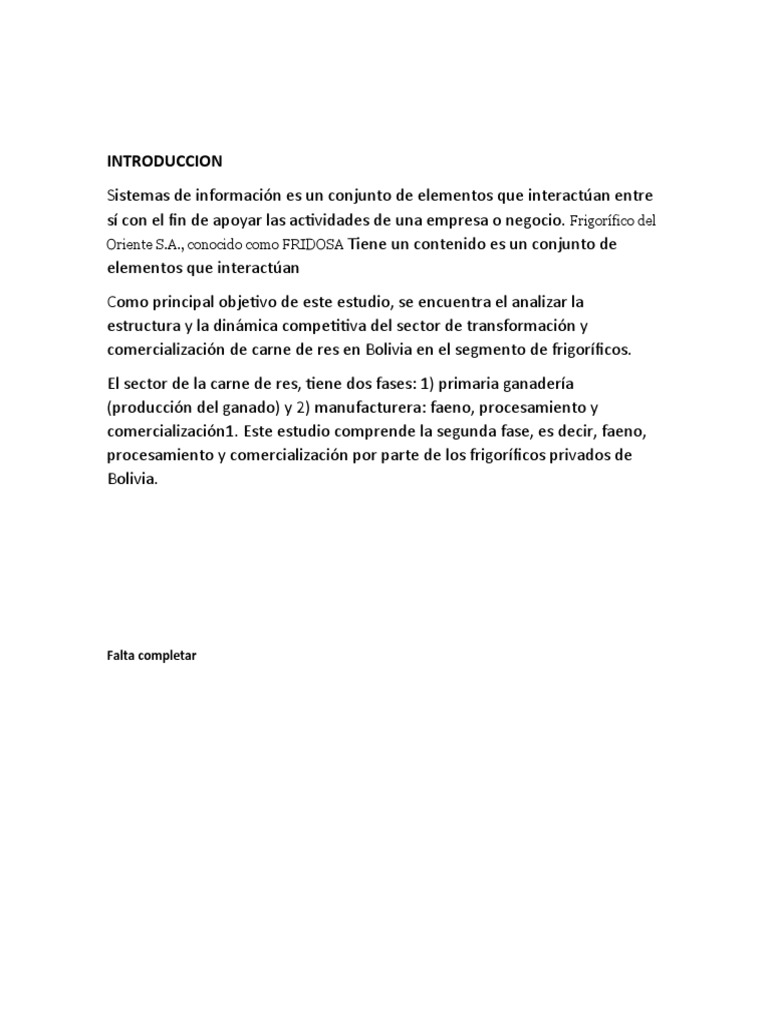 Introduccion: Frigorífico Del Oriente S.A., Conocido Como FRIDOSA | PDF ...