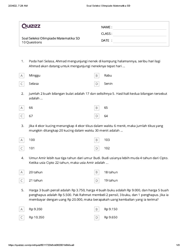 Soal Seleksi Olimpiade Matematika SD | PDF