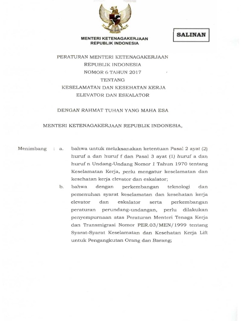 Permenaker 6 Tahun 2017 (K3 Elevator & Eskalator) PDF | PDF