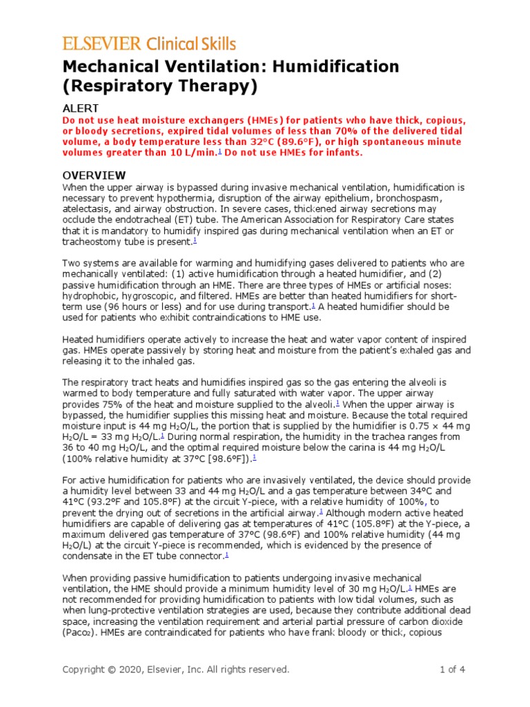 Mechanical Ventilation Humidification | PDF | Breathing | Respiratory Tract