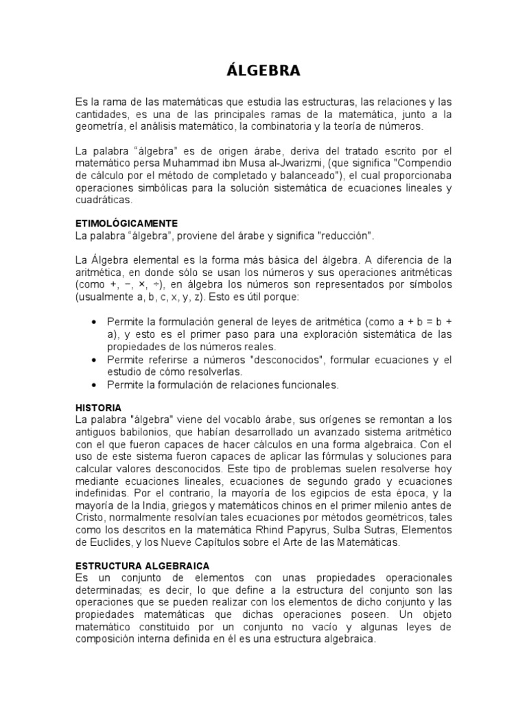 ÁLGEBRA | PDF | Álgebra | Conceptos matemáticos