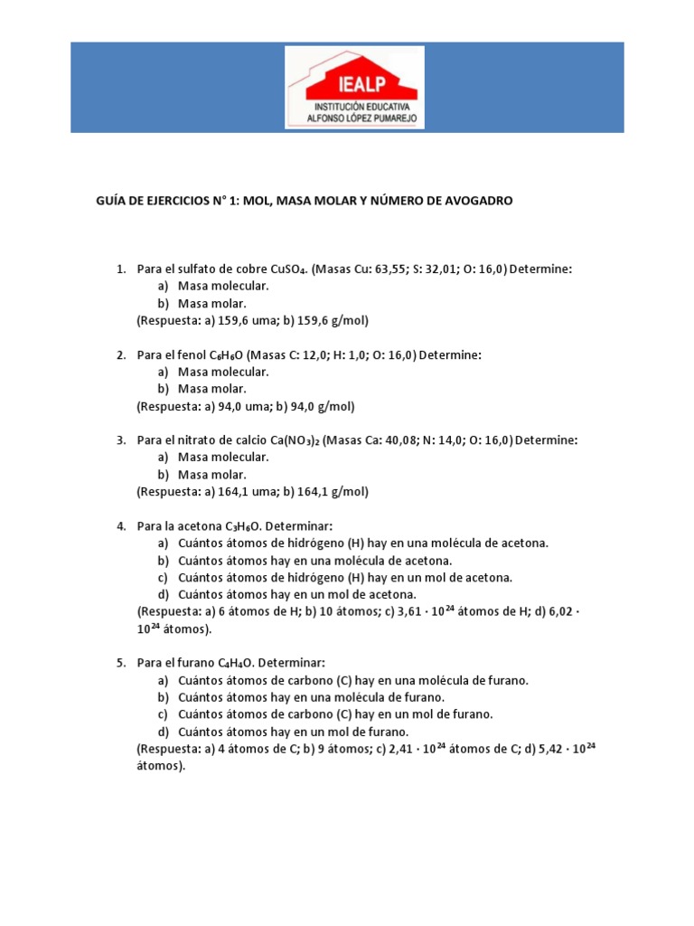 Ejercicios de Masa Molar y Átomos | PDF | Mole (Unidad) | Compuestos ...
