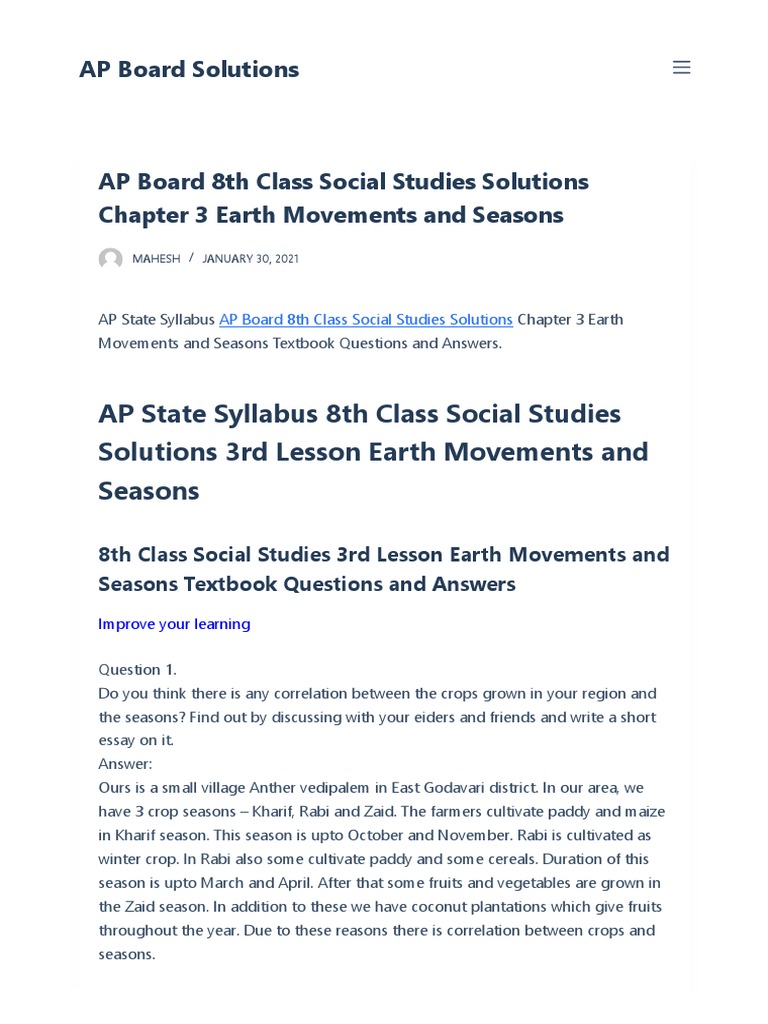 AP Board 8th Class Social Studies Solutions Chapter 3 Earth Movements ...