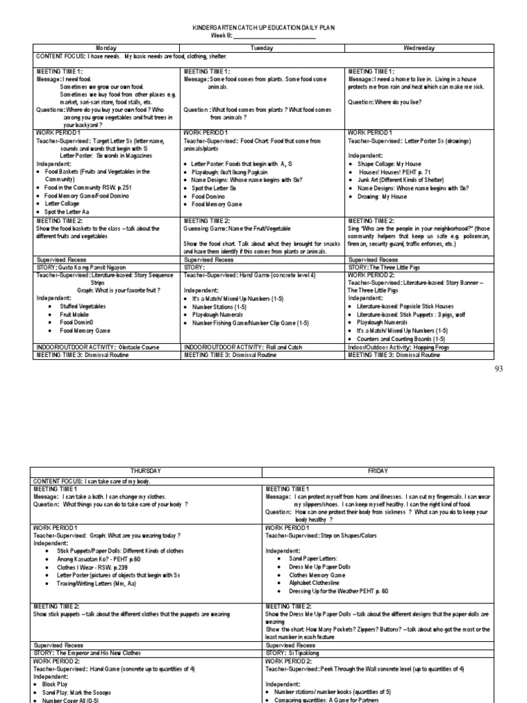 Kindergarten Lesson Plan Week 8 | PDF | Foods | Numbers