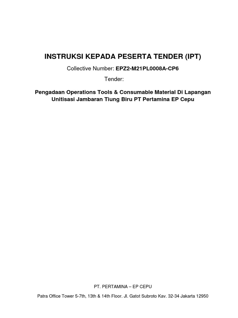 Instruksi Kepada Peserta Tender (Ipt) : Collective Number: EPZ2-M21PL0008A-CP6 Tender | PDF