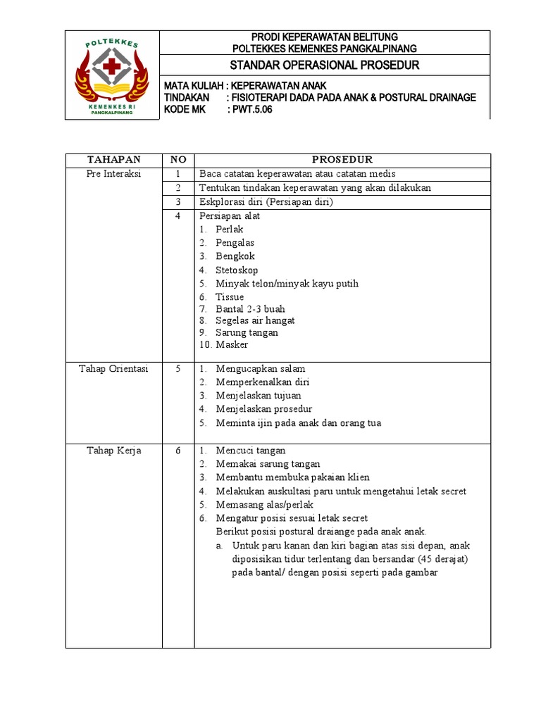 SOP Fisioterapi Dada Pada Anak Dan Postural Drainage | PDF