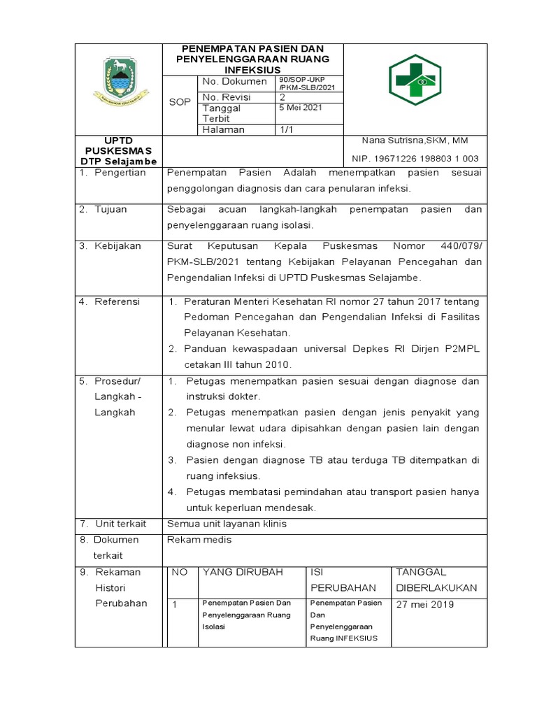 SOP Penempatan Pasien Dan Penyelengaraan Ruang Infeksius | PDF