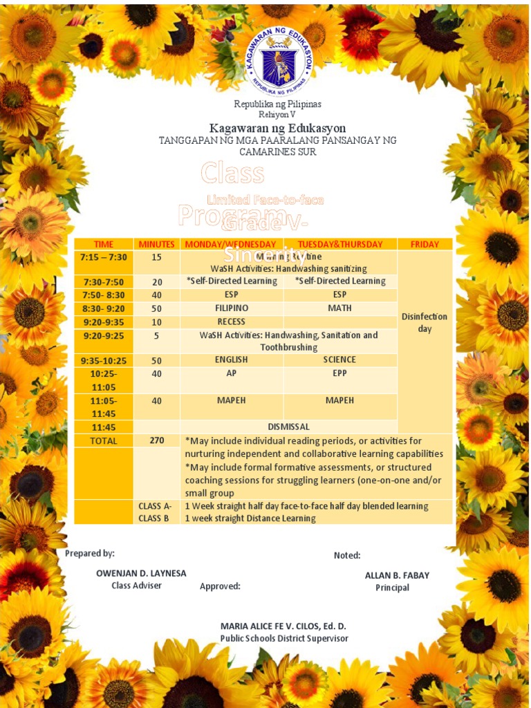 Camarines Sur Grade V Class Schedule | PDF | Cognition | Teaching