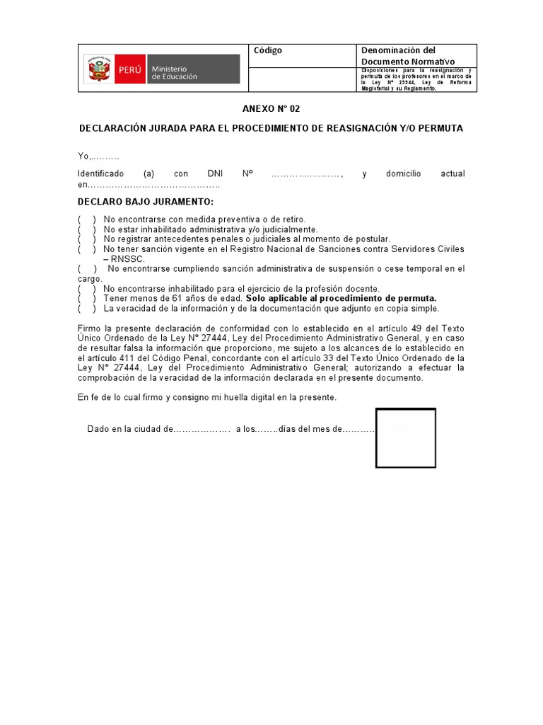Anexo 2. Declaración Jurada para Procedimiento de Reasignacion. | PDF