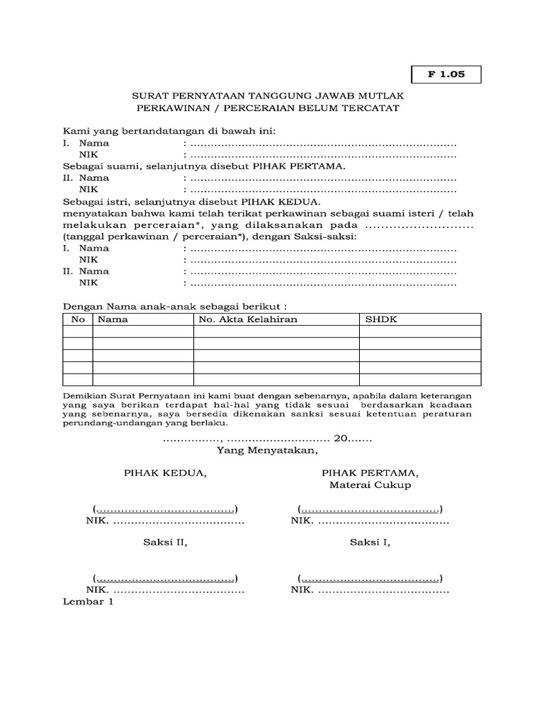 Formulir F-1.05 SPTJM DAFDUK | PDF