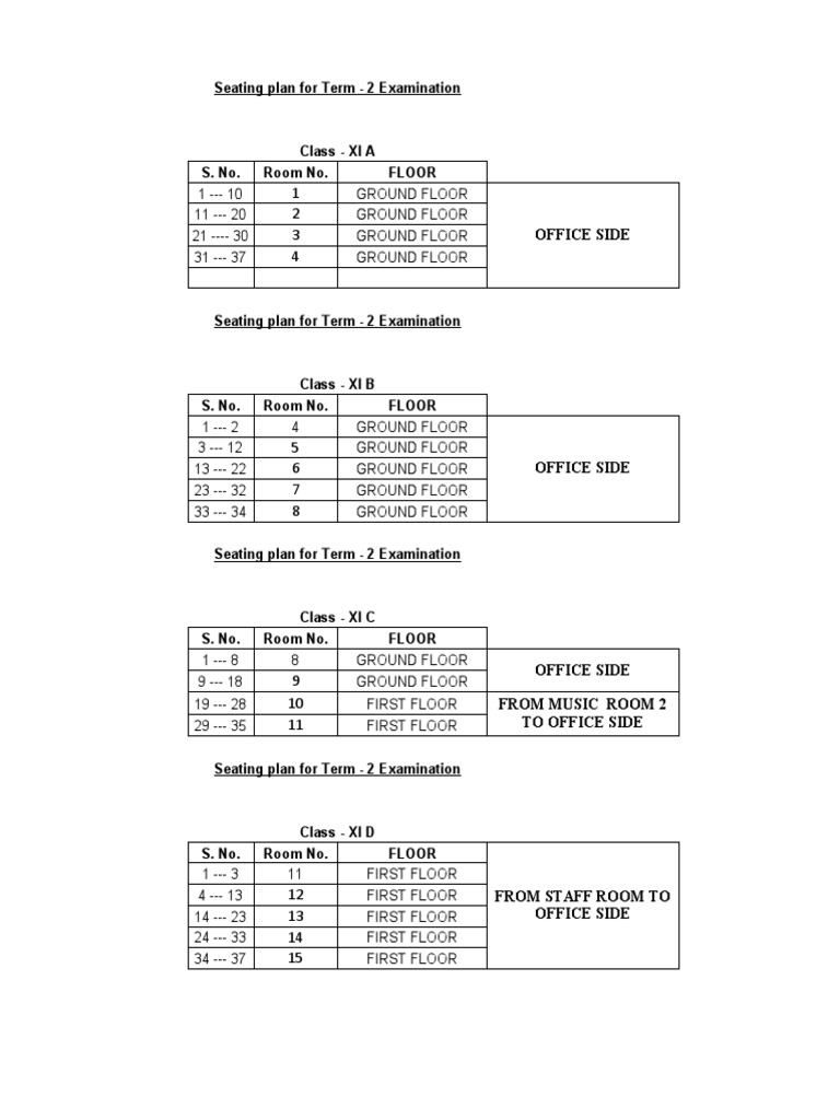 Term 2 Exam Seating Plan for Class XI | PDF