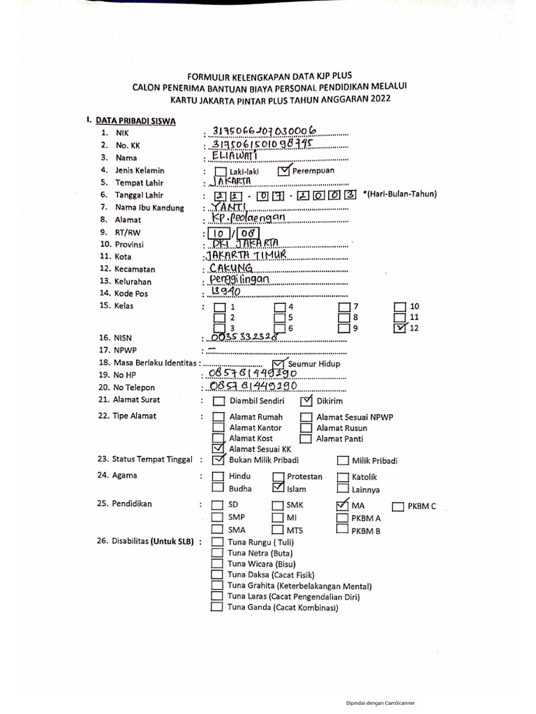 Formulir Kelengkapan KJP Plus Eliawati-Man 20 Jakarta | PDF