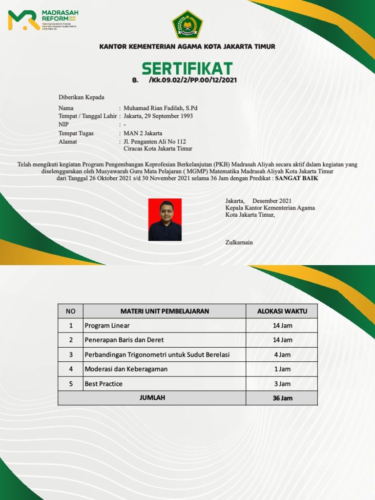 Sertifikat Pelatihan Guru Matematika | PDF