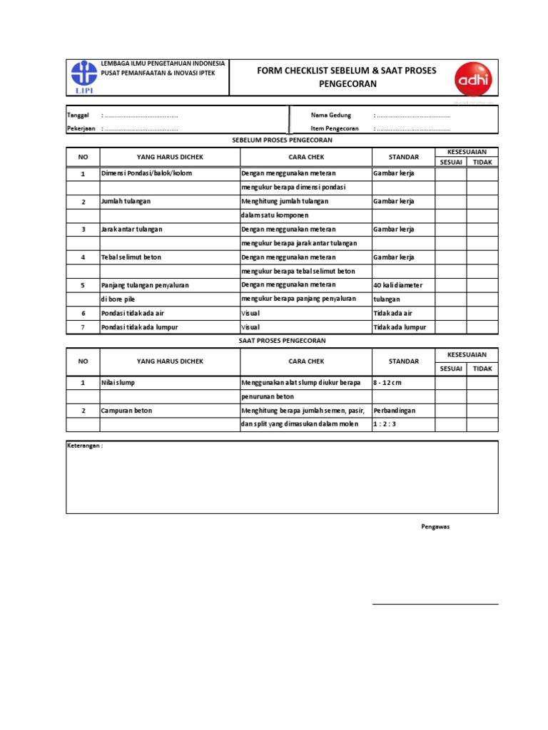 03 Form-Cheklist Sebelum Sesudah Pengecoran | PDF