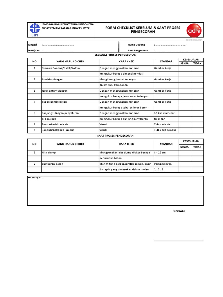 03 Form-Cheklist Sebelum Sesudah Pengecoran | PDF