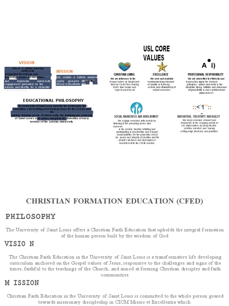 Usl Core Values: Vision Mission | PDF | Catholic Church | Christian Mission