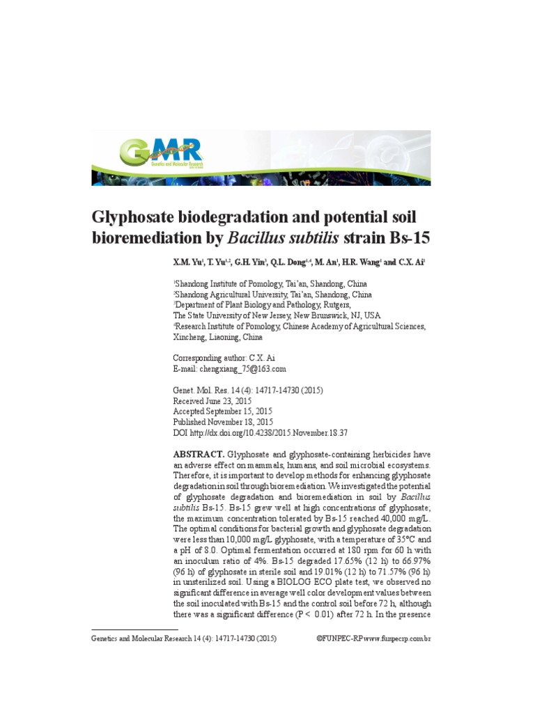 Glyphosate Biodegradation and Potential Soil Bioremediation by Bacillus ...