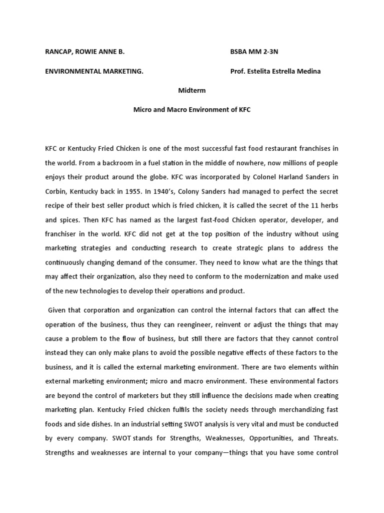 Micro and Macro Environment of KFC | PDF | Fast Food Restaurants | Swot ...