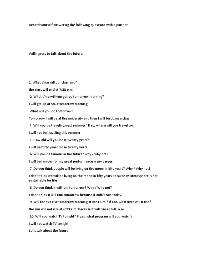 Record Yourself Answering The Following Questions With A Partner | PDF