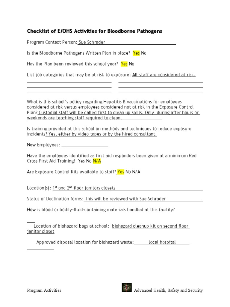 Bloodborne Pathogens E/OHS Checklist | PDF