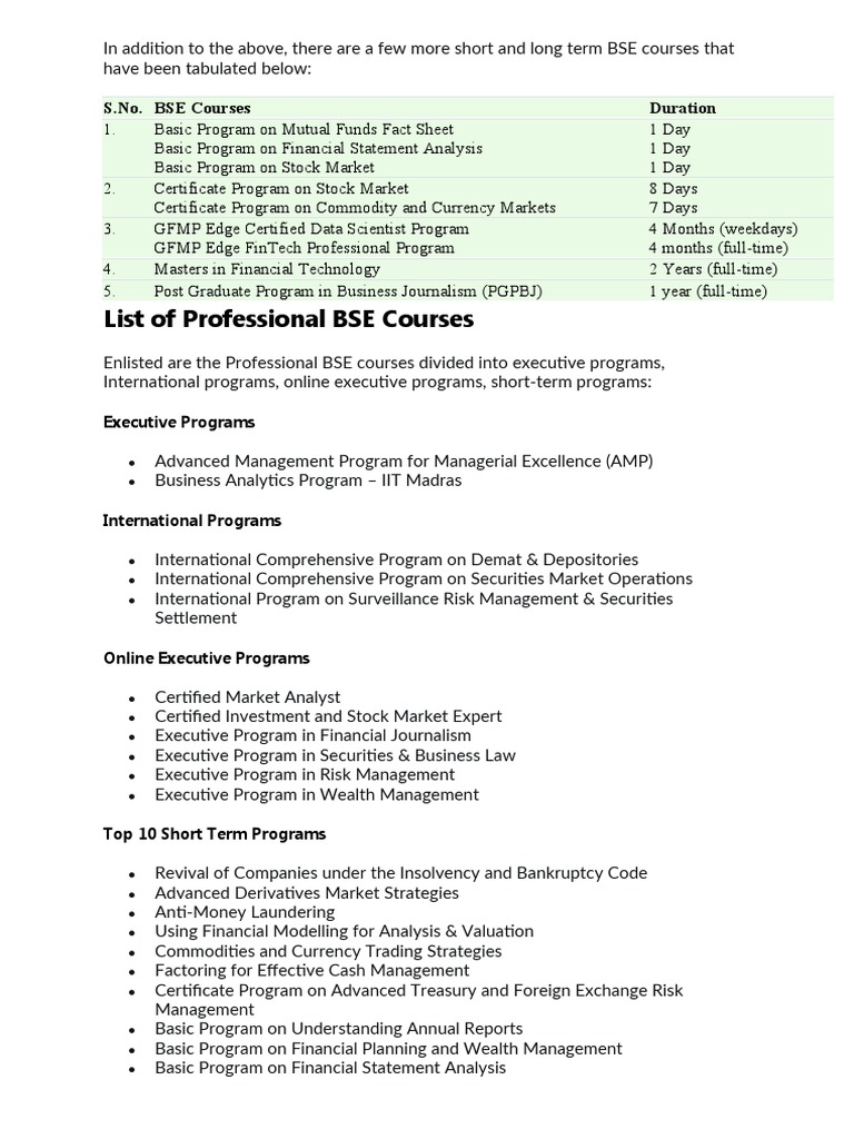 List of Professional BSE Courses | PDF | Technical Analysis | Financial ...
