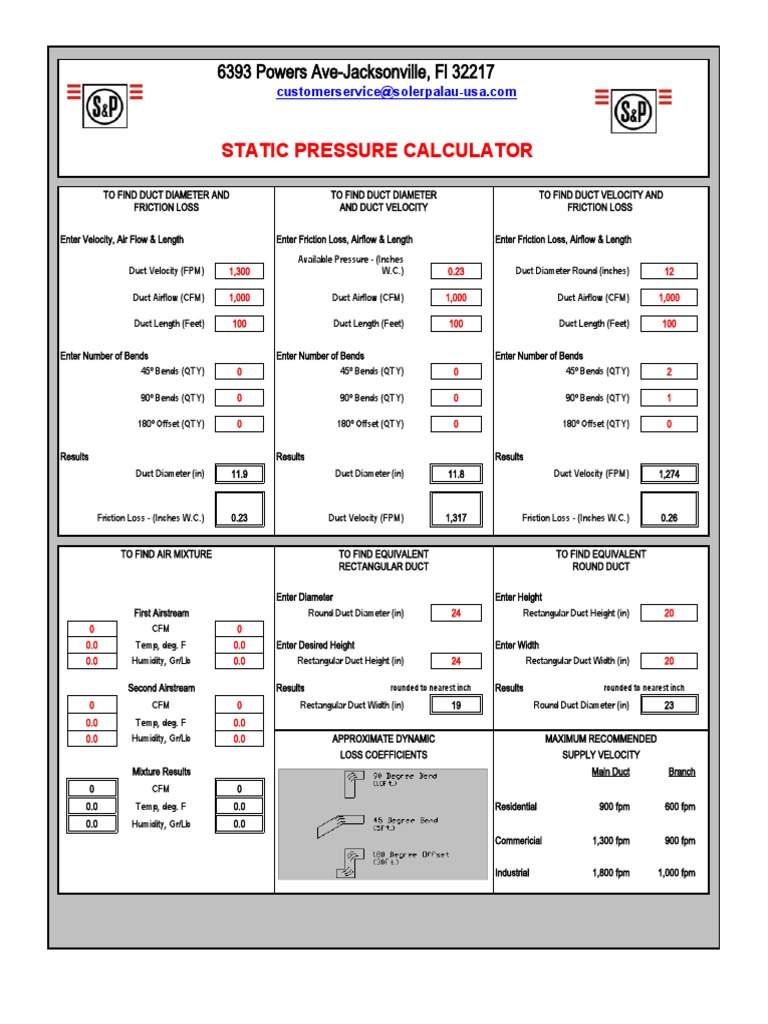 Soler & Palau Static Pressure Calculator | PDF | Duct (Flow) | Friction