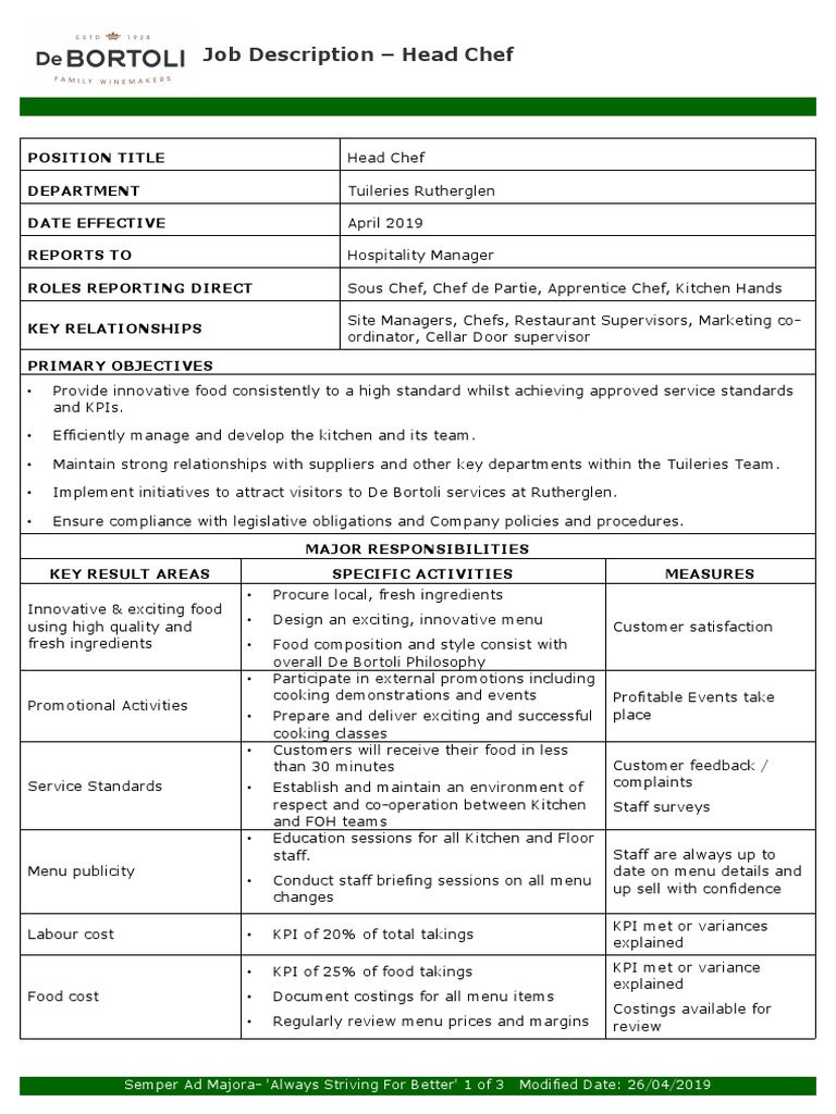 Job Description - Head Chef | Download Free PDF | Foods | Performance ...