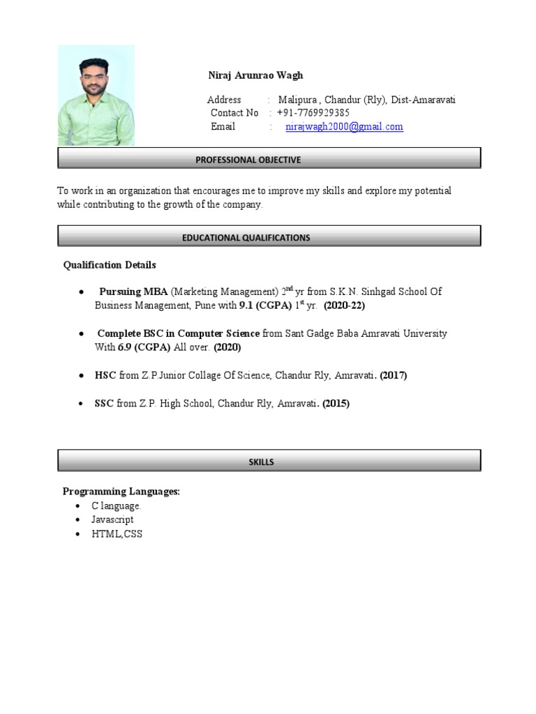 Profile of Niraj Arunrao Wagh Seeking an Entry-Level Marketing Position | PDF