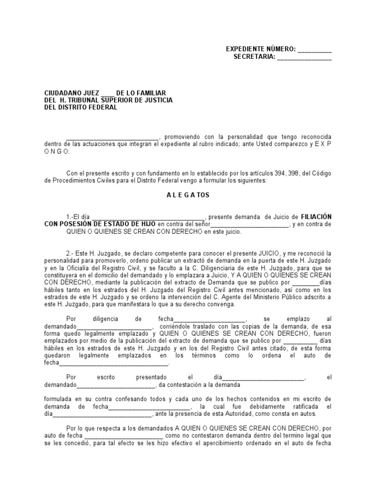Alegatos de La Parte Actora Juicio de Nulidad de Filiaci N Con Posesi N ...