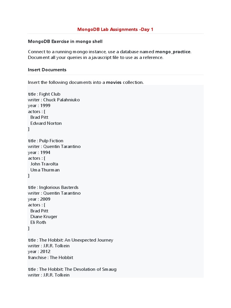 Mongodb Exercise In Mongo Shell Mongodb Lab Assignments Day 1 Pdf Bilbo Baggins Middle