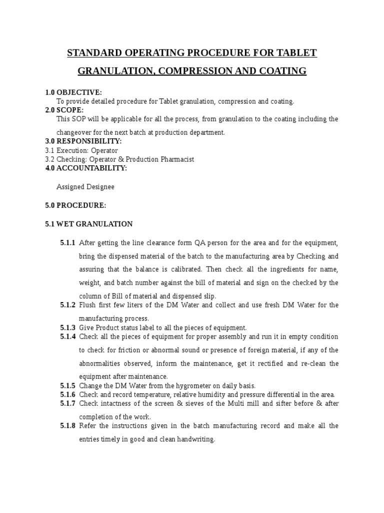 SOP Granulation, Coating | PDF | Tablet (Pharmacy) | Quality Assurance