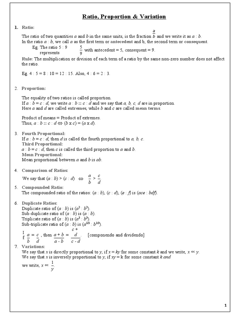 Ratio, Proportion & Variation: Ratio: Antecedent Consequent Rule | PDF ...