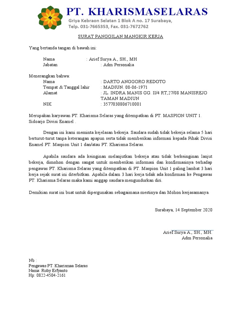 Surat Panggilan Mangkir Bekerja | PDF