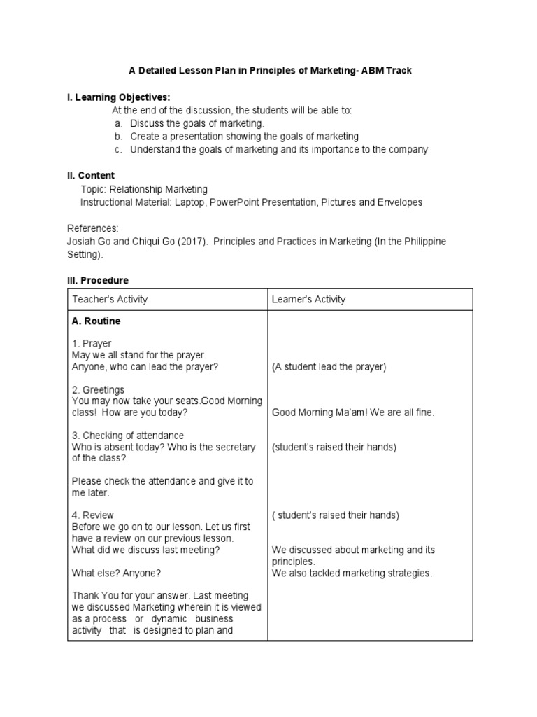 Marketing Goals Lesson Plan for ABM | PDF | Marketing | Brand
