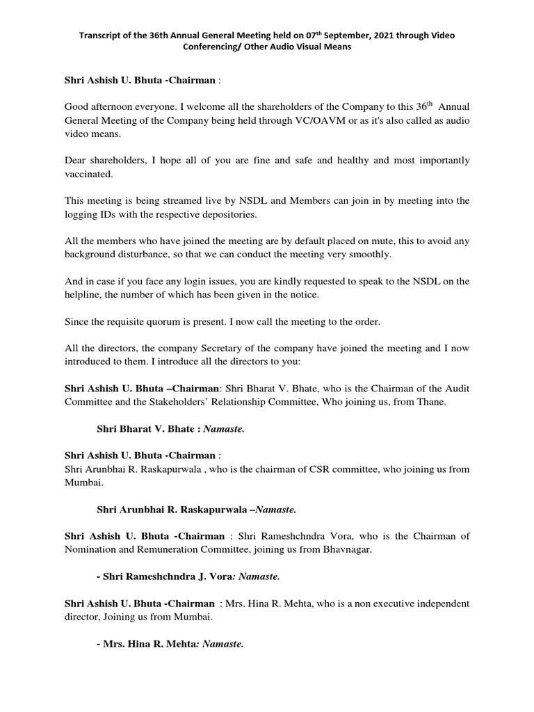 36th AGM Transcript 07092021 | PDF | Business | Pharmaceutical Industry