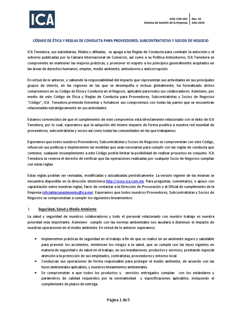 Codigo de Etica y Reglas de Conducta para Proveedores y Subcontratistas 2019 | PDF | Corrupción ...