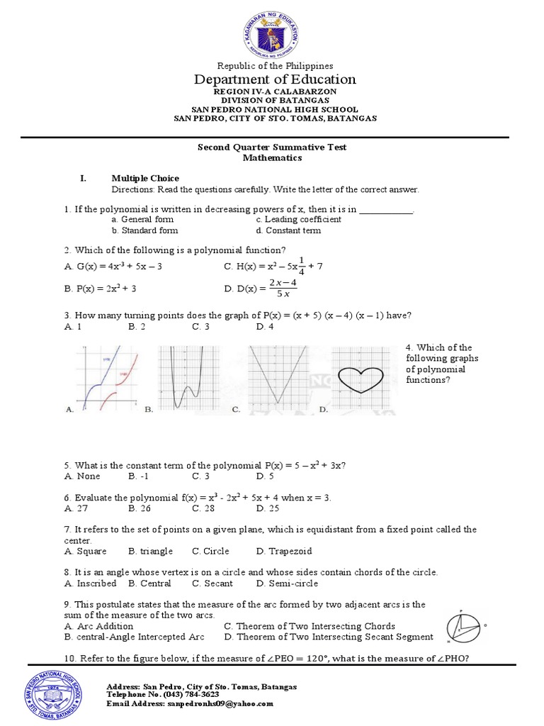 2nd Summative G10 Math | PDF | Circle | Polynomial