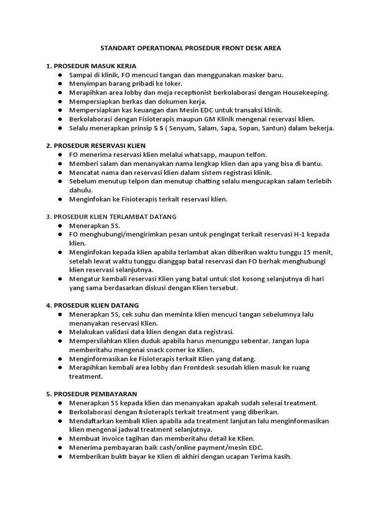 SOP Front Desk Klinik Kecantikan | PDF