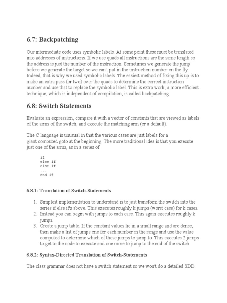 6.7: Backpatching: 6.8.1: Translation of Switch-Statements | PDF | Computer Architecture ...