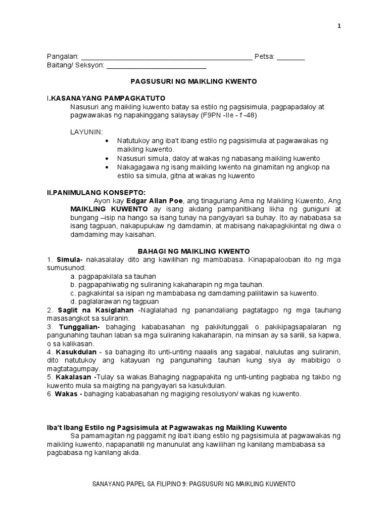 Pagsusuri NG Maikling Kuwento | PDF Pagsusuri NG Maikling Kuwento | PDF