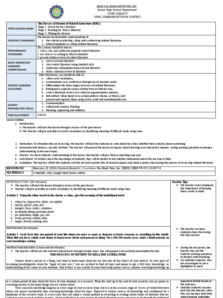 Topic/Lesson Name The Process of Review of Related Literature (RRL ...