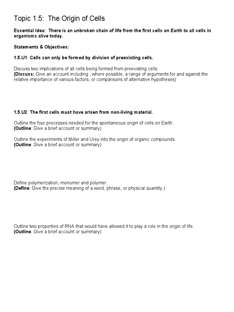 Topic 1.5: The Origin of Cells | PDF | Abiogenesis | Cell (Biology)