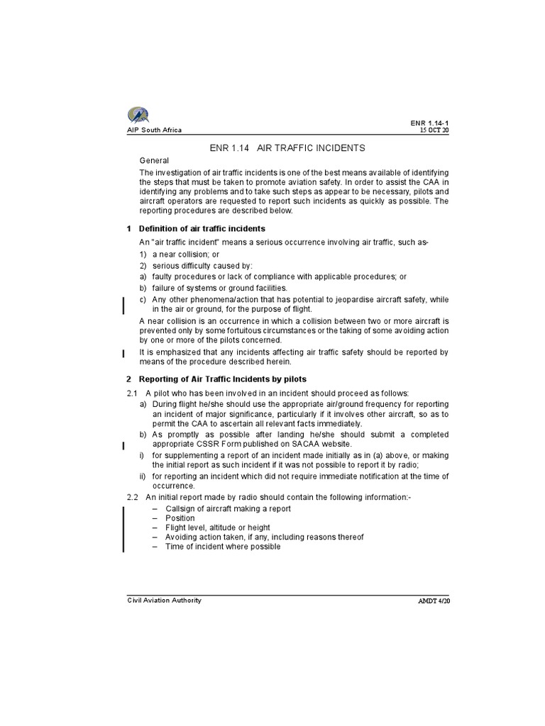 Enr 1.14 Air Traffic Incidents: ENR 1.14-1 AIP South Africa | PDF | Air Traffic Control | Aviation