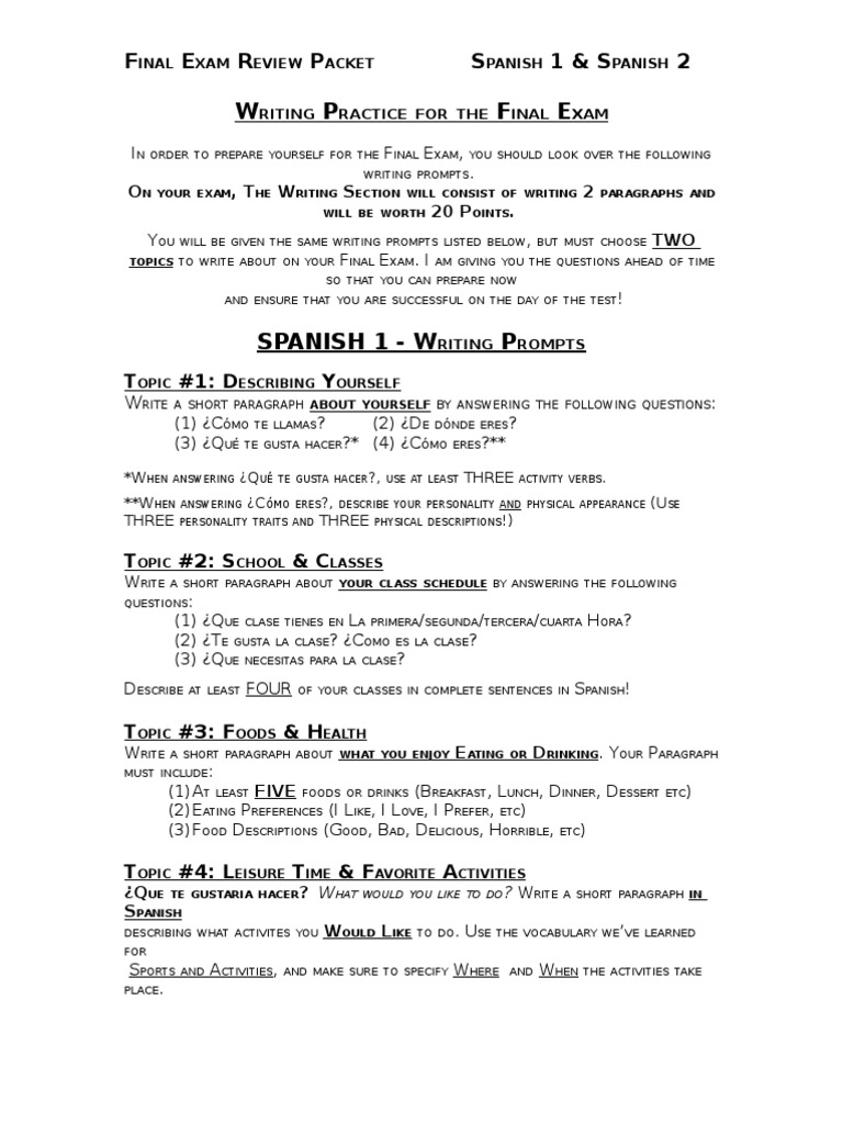 Spanish Final Exam Writing Prompts | PDF | Test (Assessment) | Linguistics