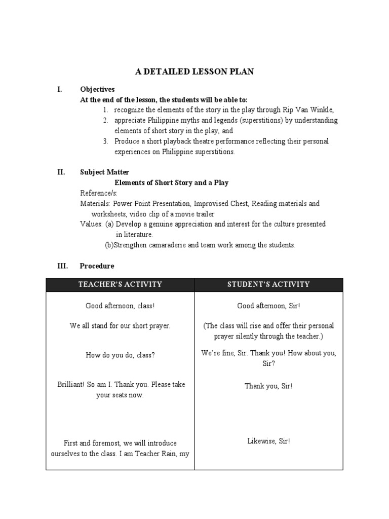 A Detailed Lesson Plan: I. Objectives at The End of The Lesson, The ...
